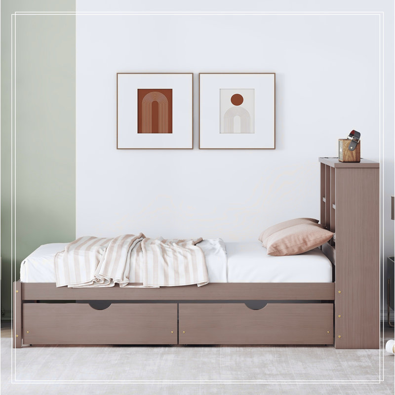 Twin Size Bed Frame With Built In USB Port On Bookcase Headboard And Drawers Walnut